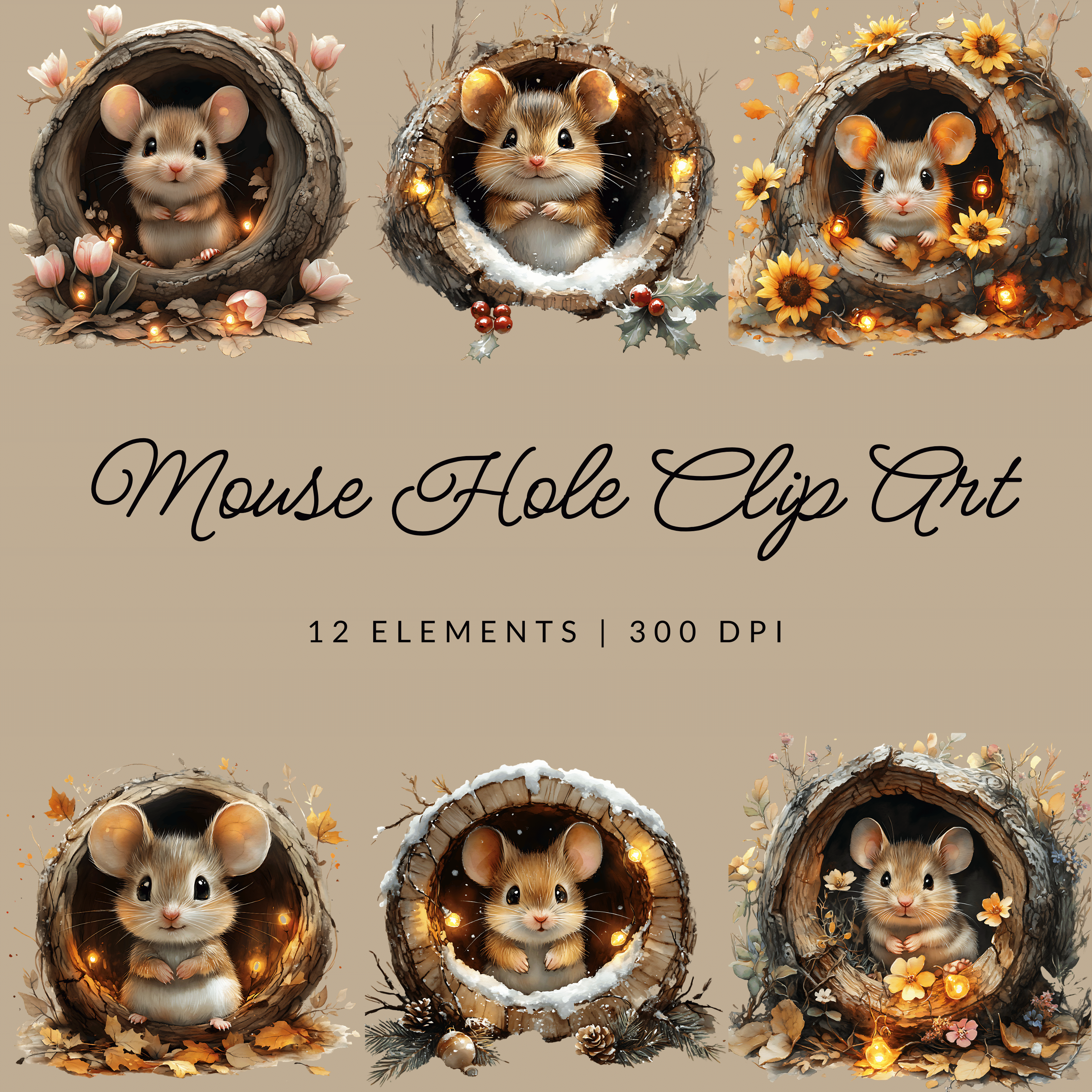 Mouse Hole Clipart Set, Nature Mice in Holes Watercolor clipart, Cotta ...